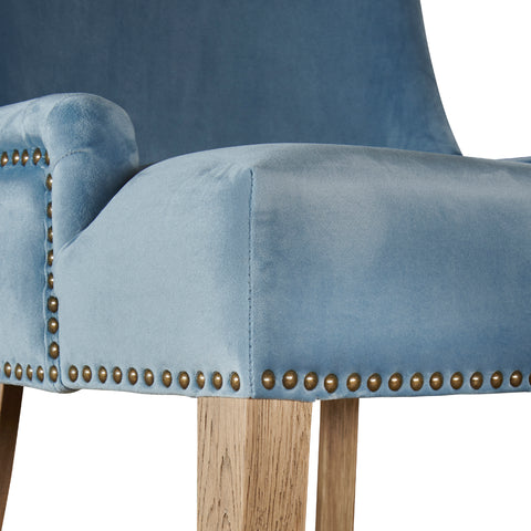 Hamilton dining chair in pale blue velvet brass stud trim detail